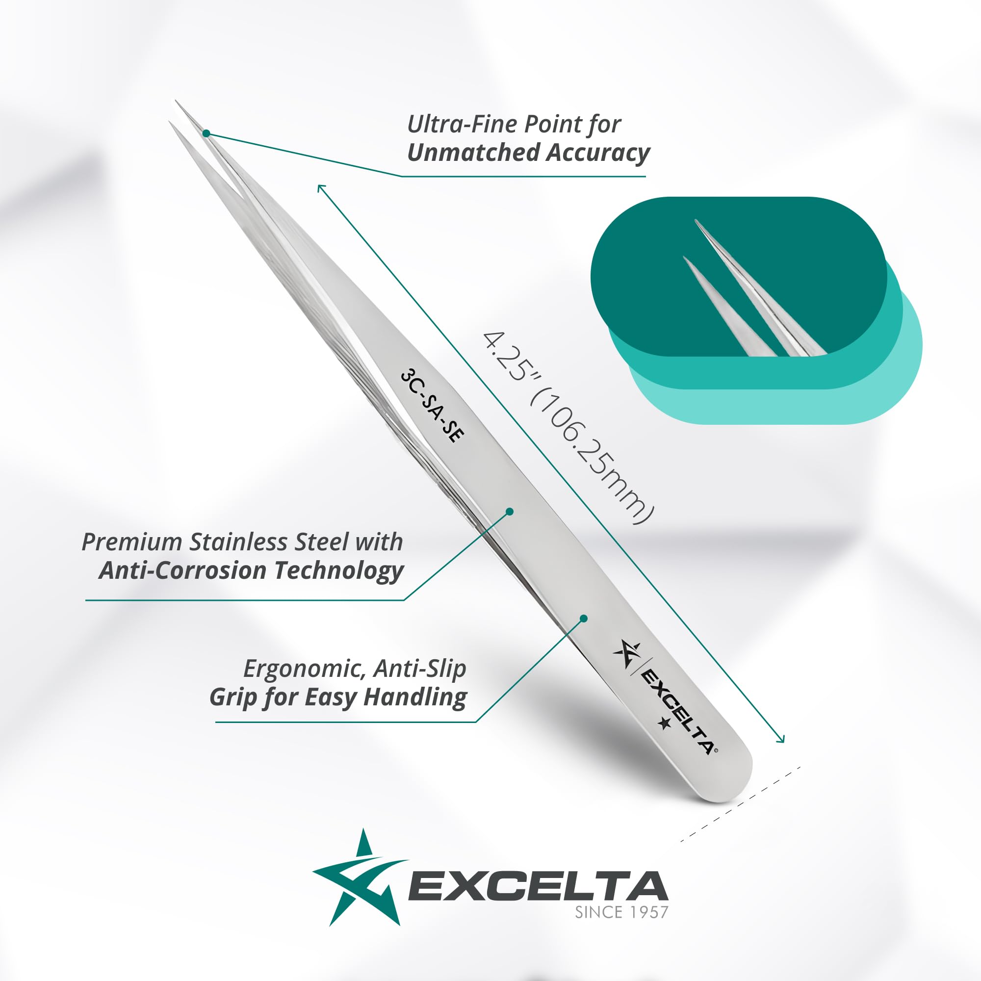 Excelta Pointed Tweezers, Ultra-Fine Precision for Hair Removal, Stainless Steel Tweezers for Ingrown Hairs and Splinters, Anti-Magnetic, Non-Rusting, Durable, Ideal for Eyebrow Shaping and Grooming