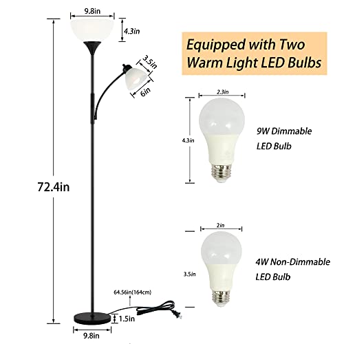 Floor Lamp, Dimmable Standing lamp, 3 Levels Dimmable Brightness, Included 9W and 5W LED Bulbs, Industrial Floor Lamp for Living Room, Bedroom, Office, Reading