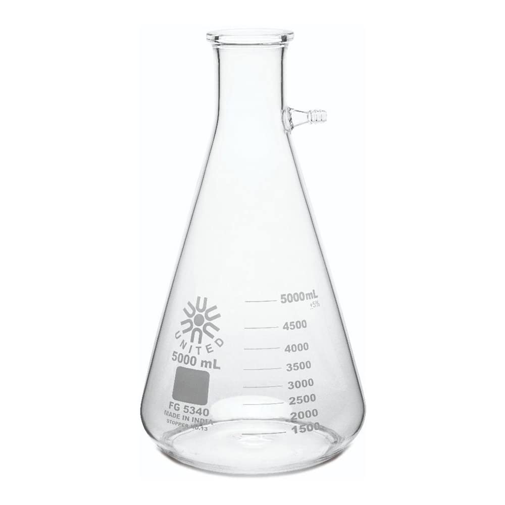 United Scientific™ FG5340-5000 Laboratory Grade Borosilicate Glass Heavy Wall Filtering Flask, Bolt Neck with Tubulation, 5000mL (5L) Capacity