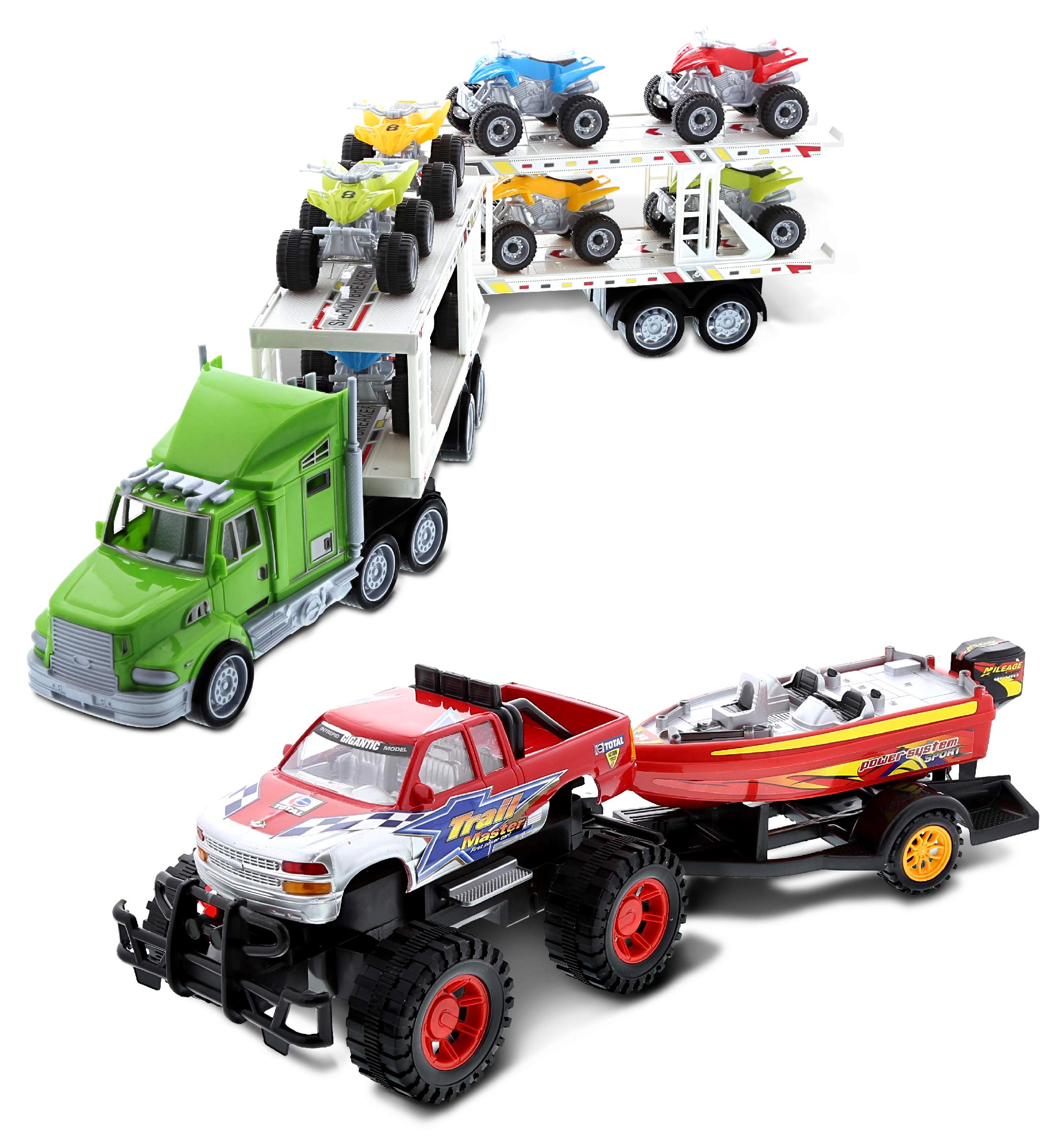 Mozlly Bundle of Friction Powered Hauler ATVs or Monster Trucks Car Carrier Playset & Monster Truck with Speed Boat Trailer Transport Toys - Push & Go