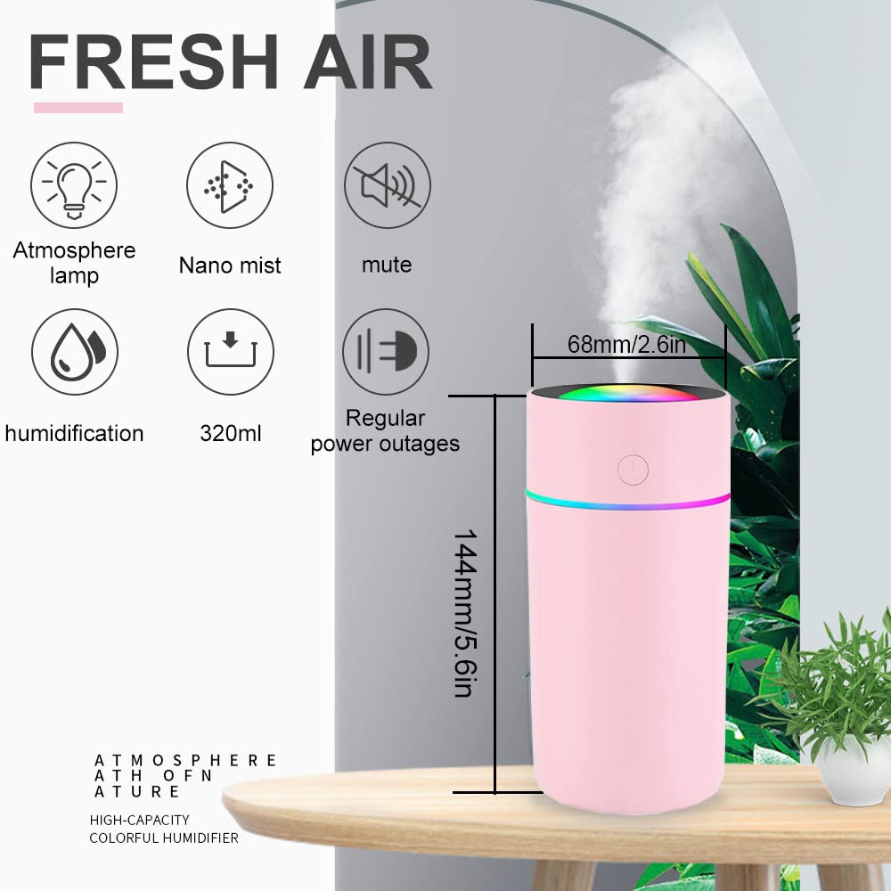 SPOLI Mini Humidifier for Bedroom,USB Portable Humidifier,320ml Water Tank,Suitable for Cars,Offices,Bedrooms, etc, 2 Mist Modes,Automatic Shut-Off,Nano Mist,Super Quiet. (Pink)