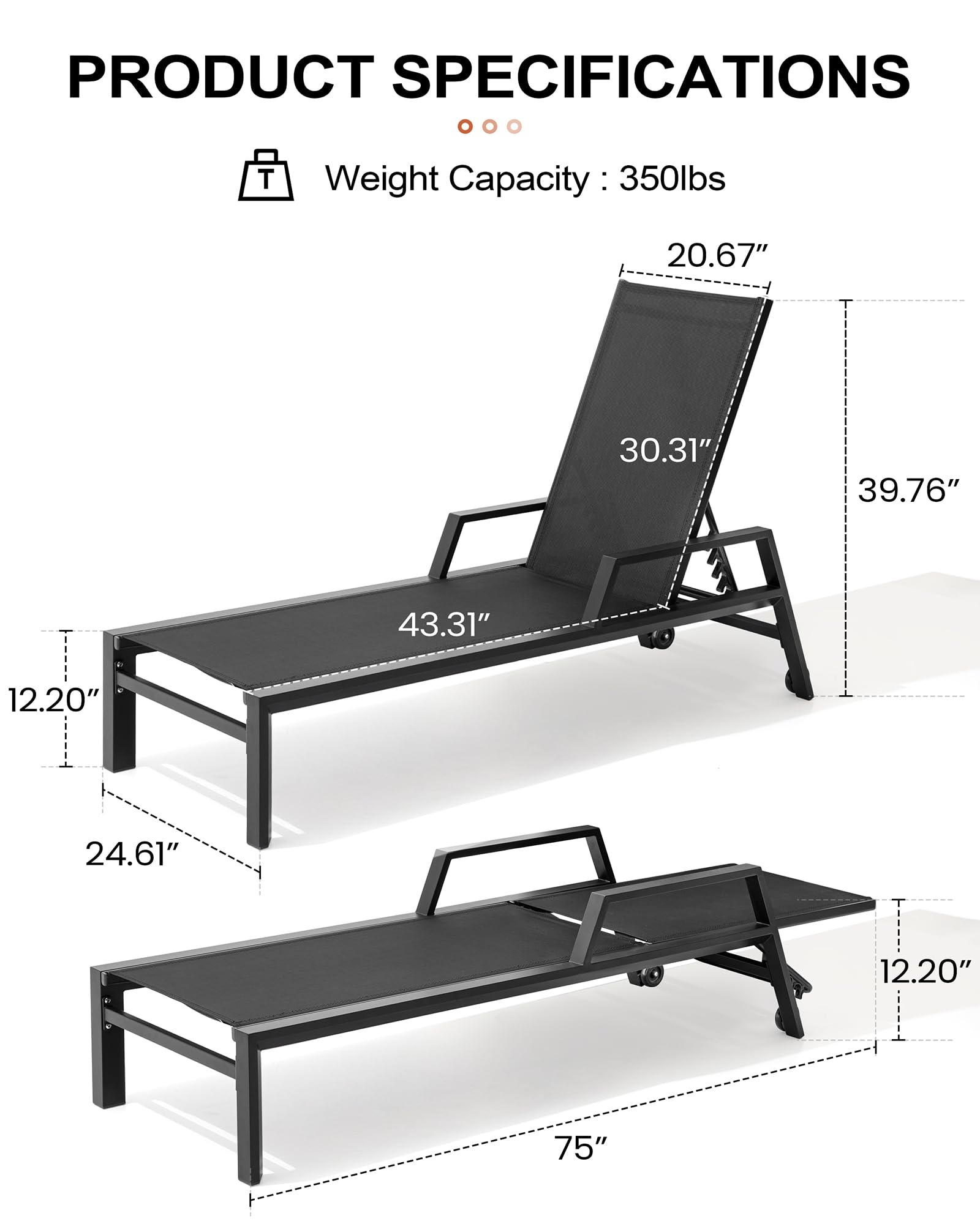 Crestlive Products Outdoor Lounge Chair with Wheels and Armrest, Extra Large Pool Lounge Chairs Set of 2, Aluminum with Adjustable 5 Backrest for Outside, Patio, Beach, Yard