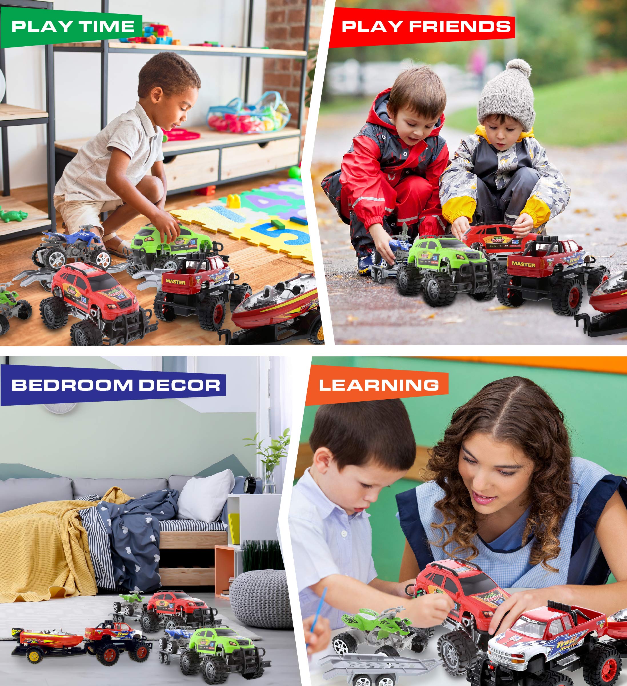 Mozlly Bundle of 2 Friction Powered Monster Trucks with ATV Trailer Playset, Push Powered Monster Truck with Speed Boat Transport Toys - Push & Go