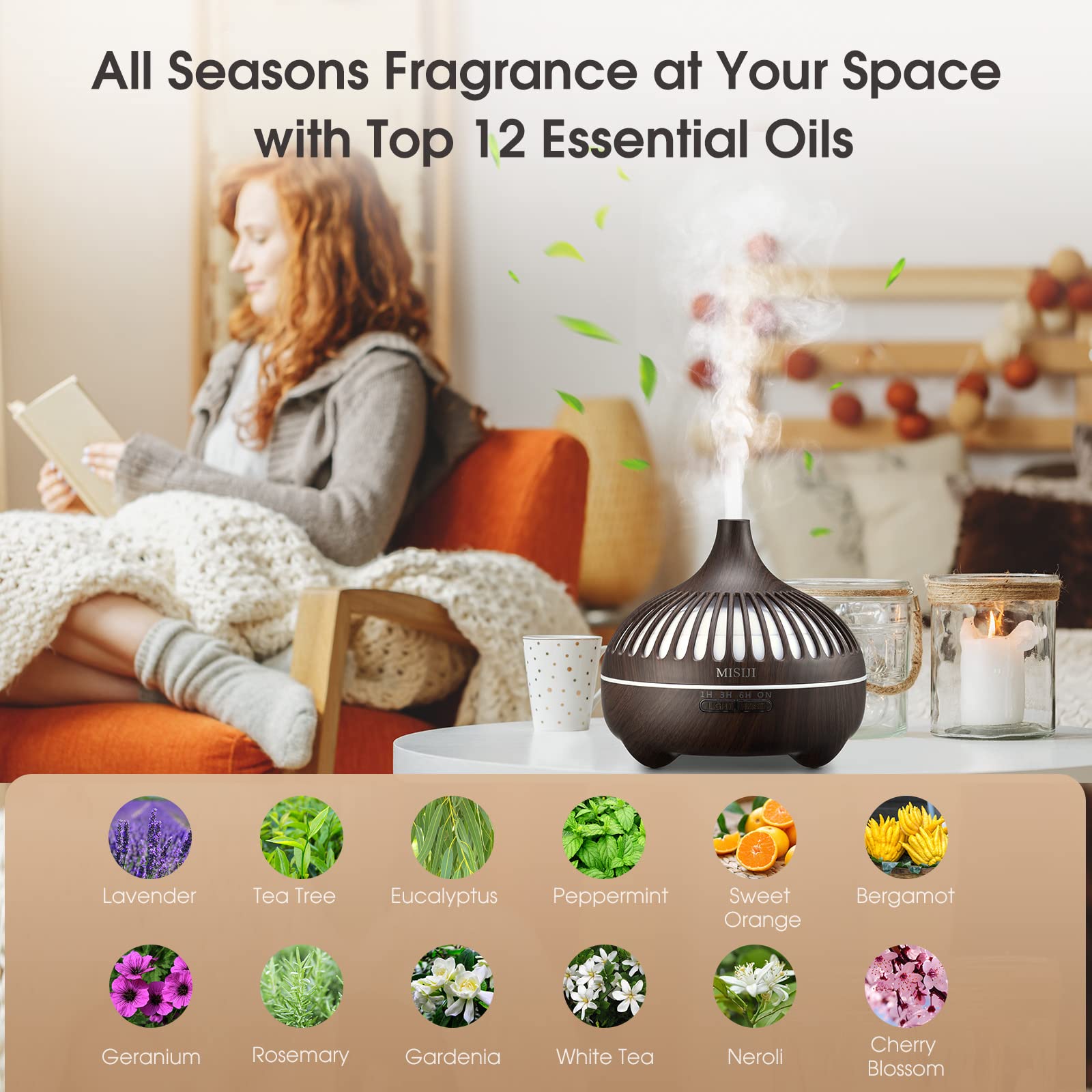 Aromatherapy Diffuser with 12 Essential Oils Set, 550ML Aroma Humidifier for Essential Oil Large Room, Bedroom Vaporizers Cool Mist Humidifier Gift Set…