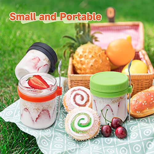 DREAMOSA 3 Set Overnight Oats Containers with Lids and Spoon 12 Oz Glass Mason Overnight Oats Jars (Green-Orange-Grey)