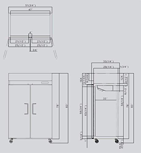 Lucky Kitchen Supply 52" Double 2 Door Side By Side Stainless Steel Reach in Commercial Refrigerator, 49 Cubic Feet, for Restaurant
