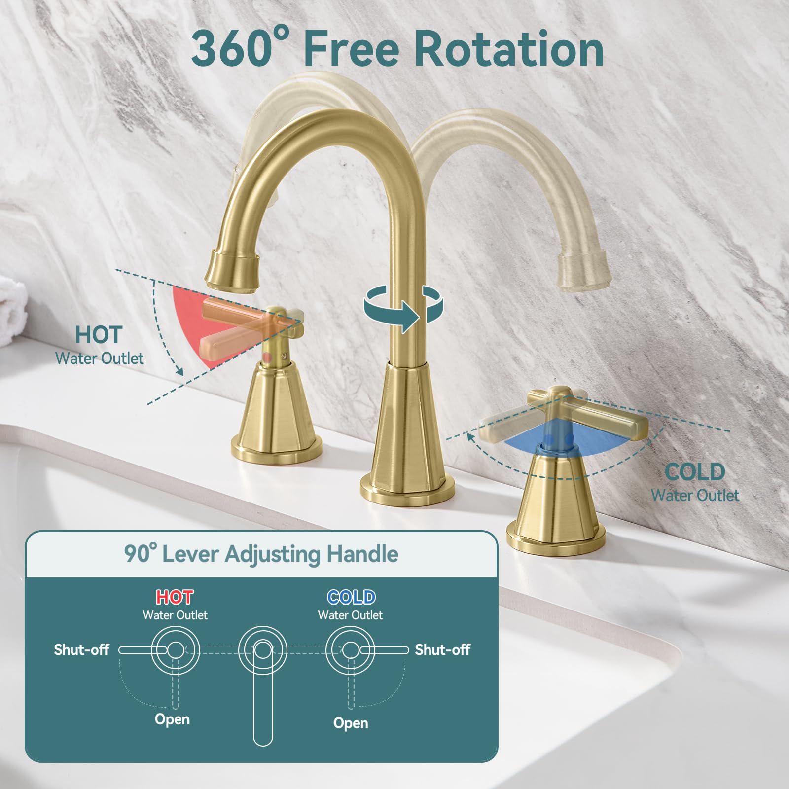 Damomo Bathroom Sink Faucet, Brushed Gold 8 Inch Widespread Bathroom Faucet for Sink 3 Hole, 2 Handle Sink Faucet with Pop Up Drain and 2 Supply Hoses for RV Bathroom Vanity