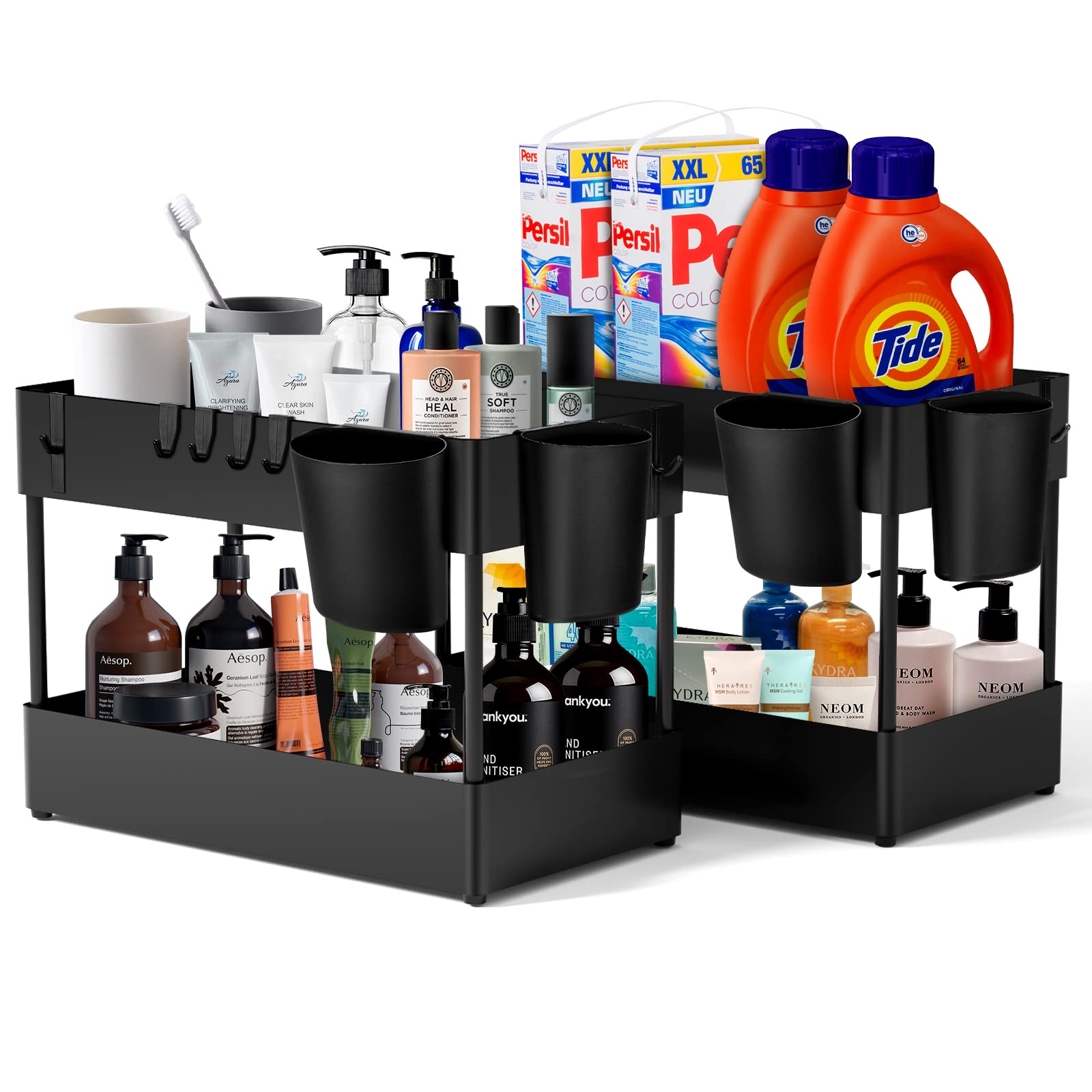 BlumWay 2 Pack Under Sink Organizers and Storage, 2 Tier Sliding Bathroom Cabinet Organizer, Multi-purpose Under Kitchen Sink Shelf with Hooks, for Bathroom/Kitchen Countertop