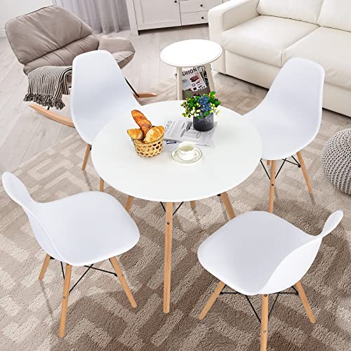 Giantex White Dining Table, 31.5" D x 32" H Round Dining Room Table with Solid Beech Wood Legs, Modern Kitchen Table with TSCA Certification for Small Places, White & Natural