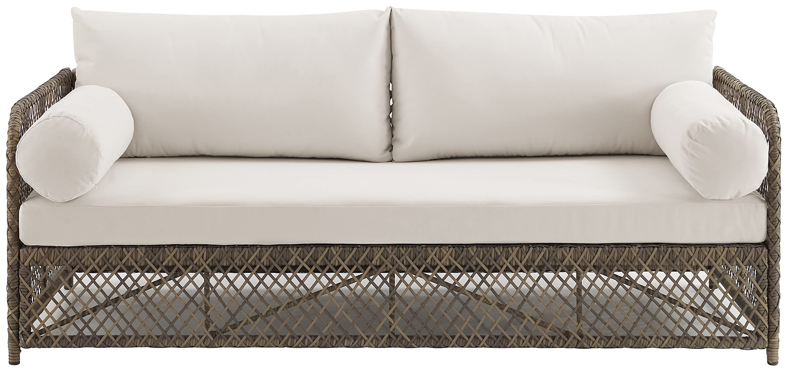 Crosley Furniture Granite Bay Wicker Outdoor Sofa, 3-Person Patio Couch for Porch, Deck, Backyard, Stone with Crème Cushions