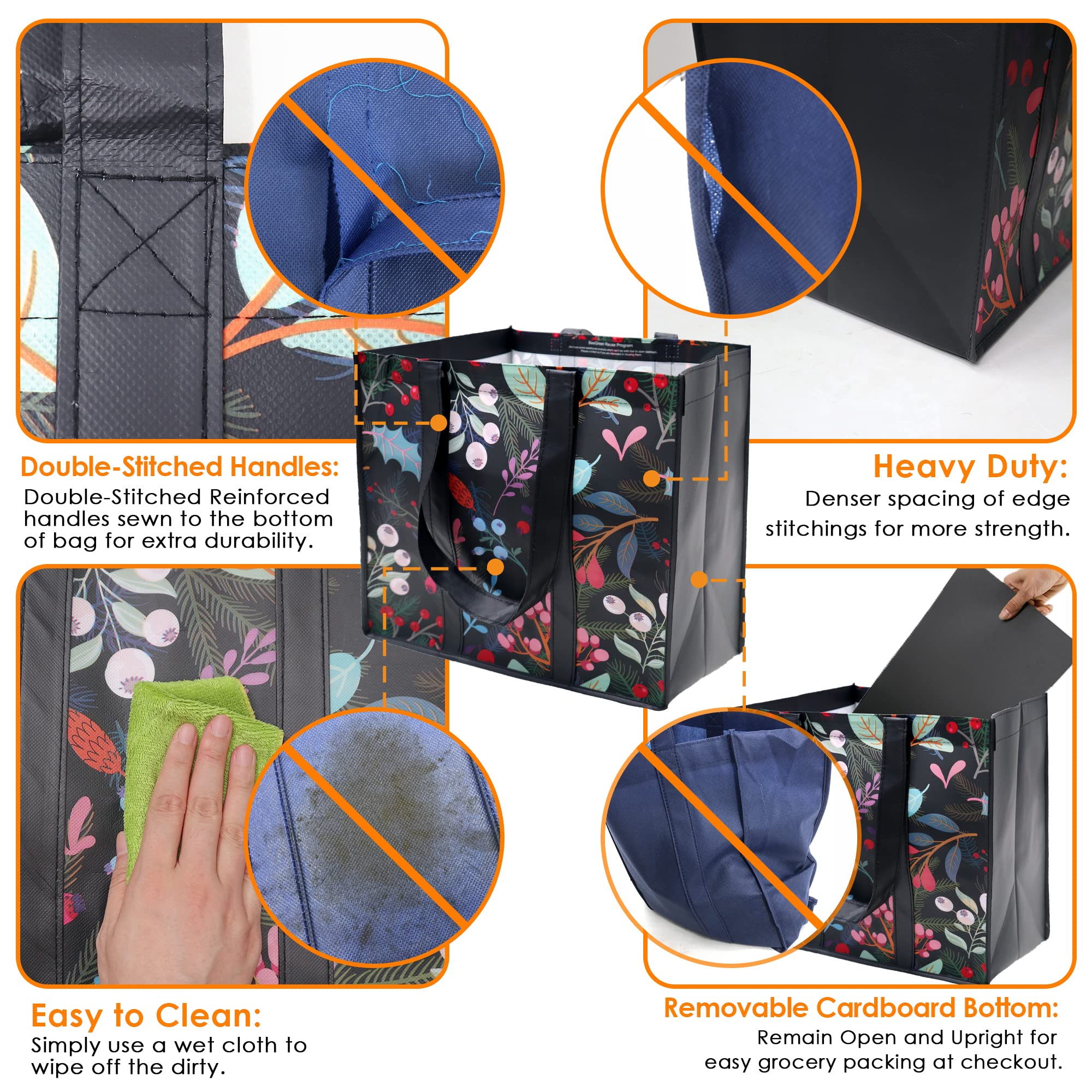 BeeGreen Christmas Reusable Bags 12 Pack with Reinforced Handles and Removable Bottom Foldable Extra Large Tote Bag Bulk for Kitchen Groceries Shopping Bags Reusable Produce Bags