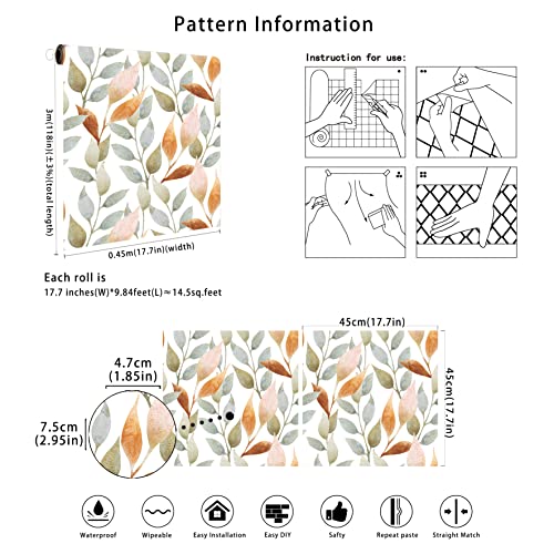 Floralplus Peel and Stick Wallpaper Boho Leaf Stick On Wallpaper Removable Textured Wallpaper Pull and Stick Contact Paper for Cabinet Bathroom Nursery Home Decor 17.7in x 118in