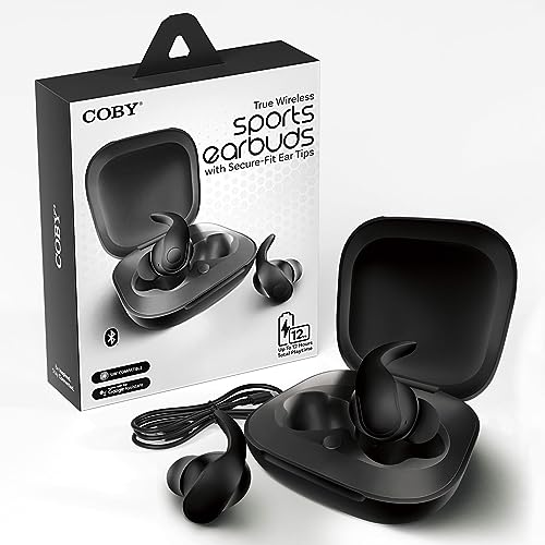 Coby Sports True Wireless Earbuds w/Secure-Fit Ear Tips | in-Ear Headphones Up to 12 Hours Play | Sweat-Resistant | Noise-Isolating | in-Ear Earbuds | Sports Earbuds, Bluetooth Earbuds (Black)