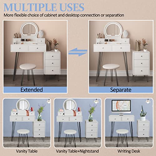 Fameill Makeup Vanity Desk with Lighted Mirror,White Vanity Table Set with Round Mirror,3 Color Touch Screen Dimming Mirror,7 Drawers Bedroom Dressing Table with Soft Cushioned Stool