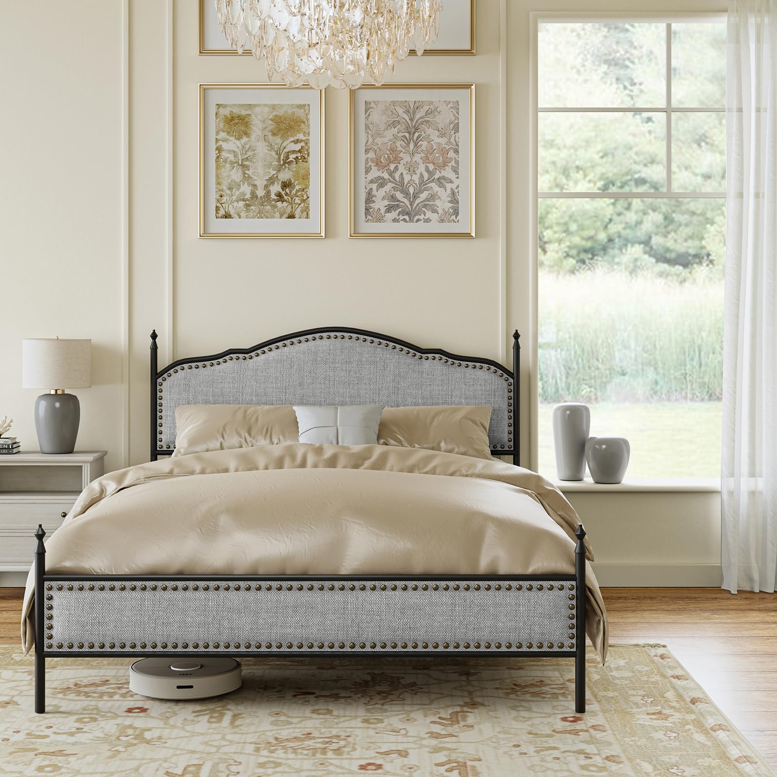 EcoHarbor Queen Bed Frame with Headboard, Farmhouse Metal Platform Bed Linen Upholstered Bed Frame with Strong Wood Slats Support, No Box Spring Needed/Easy Assembly/Noise Free/Non-Slip (Beige)