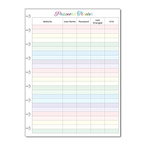 Color Password Tracker for 9-Disc Planners, Password Log, Pre-punched Planner Inserts, Password List