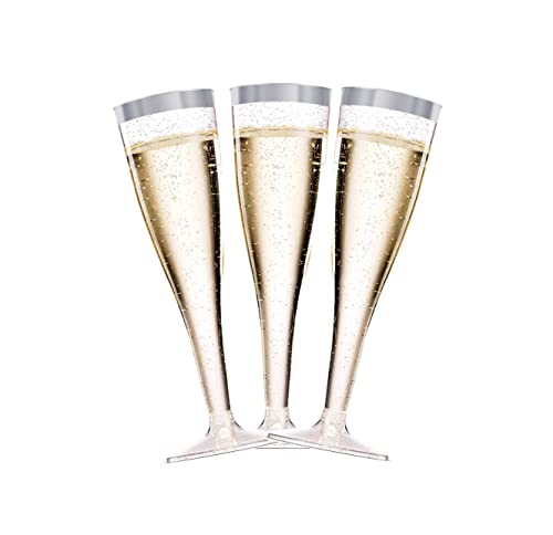 BloominGoods 50 Plastic Silver Glitter Champagne Flutes | 7 oz. Clear Hard Disposable Party & Wedding Glass | Premium Heavy Duty Fancy Cup (50-Pack)