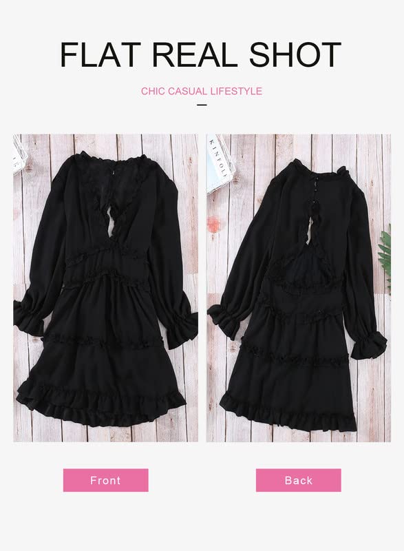Dokotoo Womens Cute Spring Summer Casual Sexy Deep V Neck Ruffle Chiffon Lantern Long Sleeve Elegant Boho Hawaiian Flowy Mini Short Skirt Dresses for Women Party 2023 Black Small