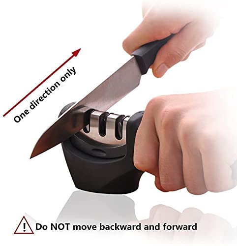 Bectim Knife Sharpener Kitchen Knife Sharpening with 3 Stages: Emery, Wolfram Steel, Ceramic Notch for Sharpening Straight Blades from Blunt to Razor Sharp (Black)