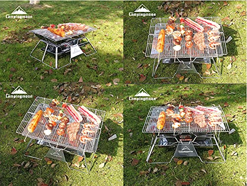 CAMPINGMOON Stainless Steel Portable Camping Fire Pit Foldable Wood Burning Charcoal Grill 20x13-inch with Carrying Bag MT-3