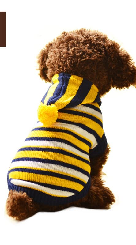 FBELLA Pet Ring, Pet Dog Clothes, Autumn and Winter Clothes, Striped Half Body, Hooded Knitted Sweater, Cat Sweater,Yellow Blue,XS