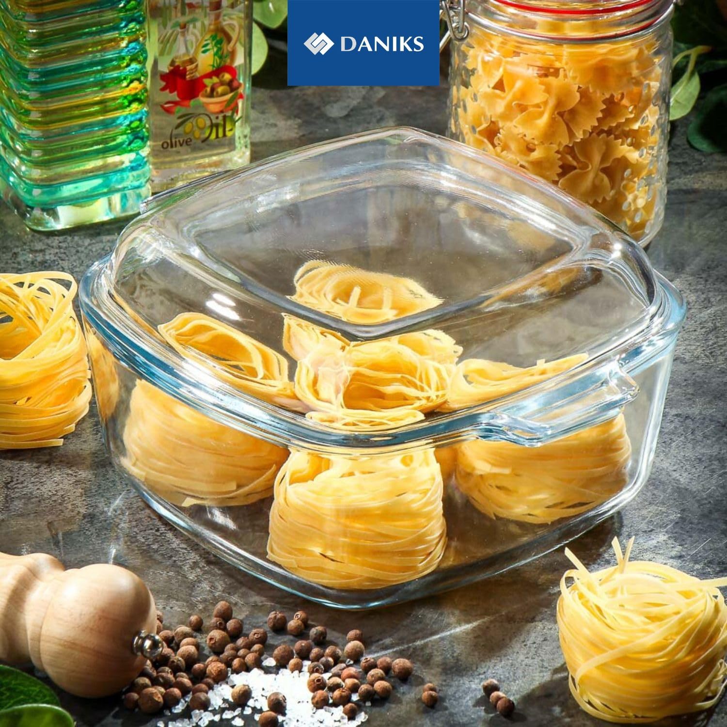 Daniks 2-in-1 Glass Baking Dish with Borosilicate Glass Lid | 2.6 Quart Glass Casserole for Cooking | Microwave, Oven and Dishwasher Safe Pan 8.3x10in Bakeware | Square