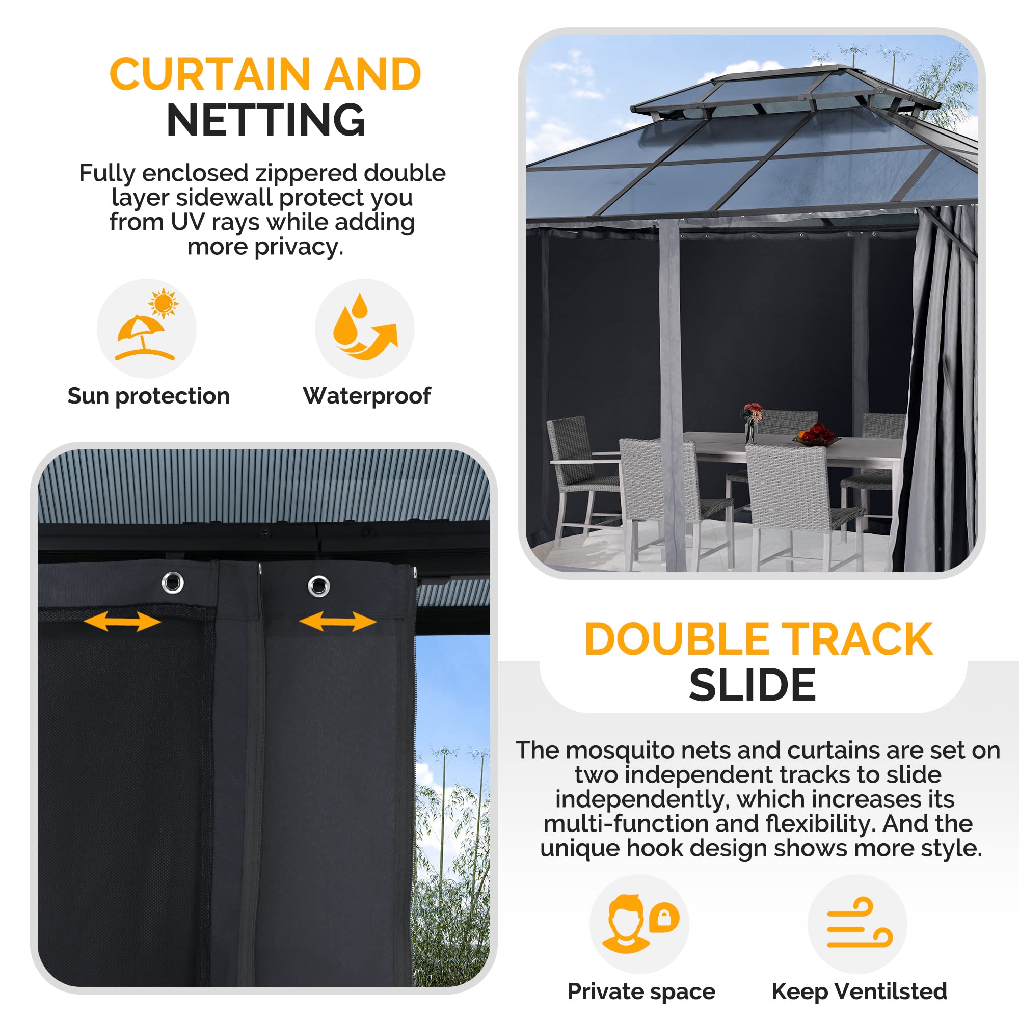 BACKYADOOR 10'x 12' Hardtop Gazebo, Outdoor Gazebo with Aluminum Frame, Double Roof Polycarbonate Gazebo with Netting and Curtains for Patio, Deck, Backyard (Gray)