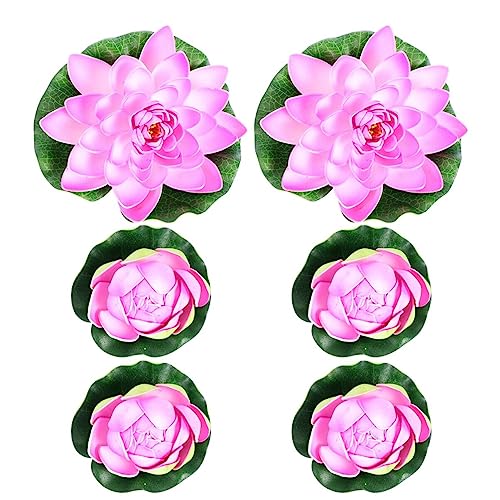 Lotus Flower 6pcs Floating Lotus Flowers Artificial Plastic Lotus Flower with Water Lily Pads Fake Plant Flower Aquarium Garden Water Pond Decoration Pink Pool Lilly Pad