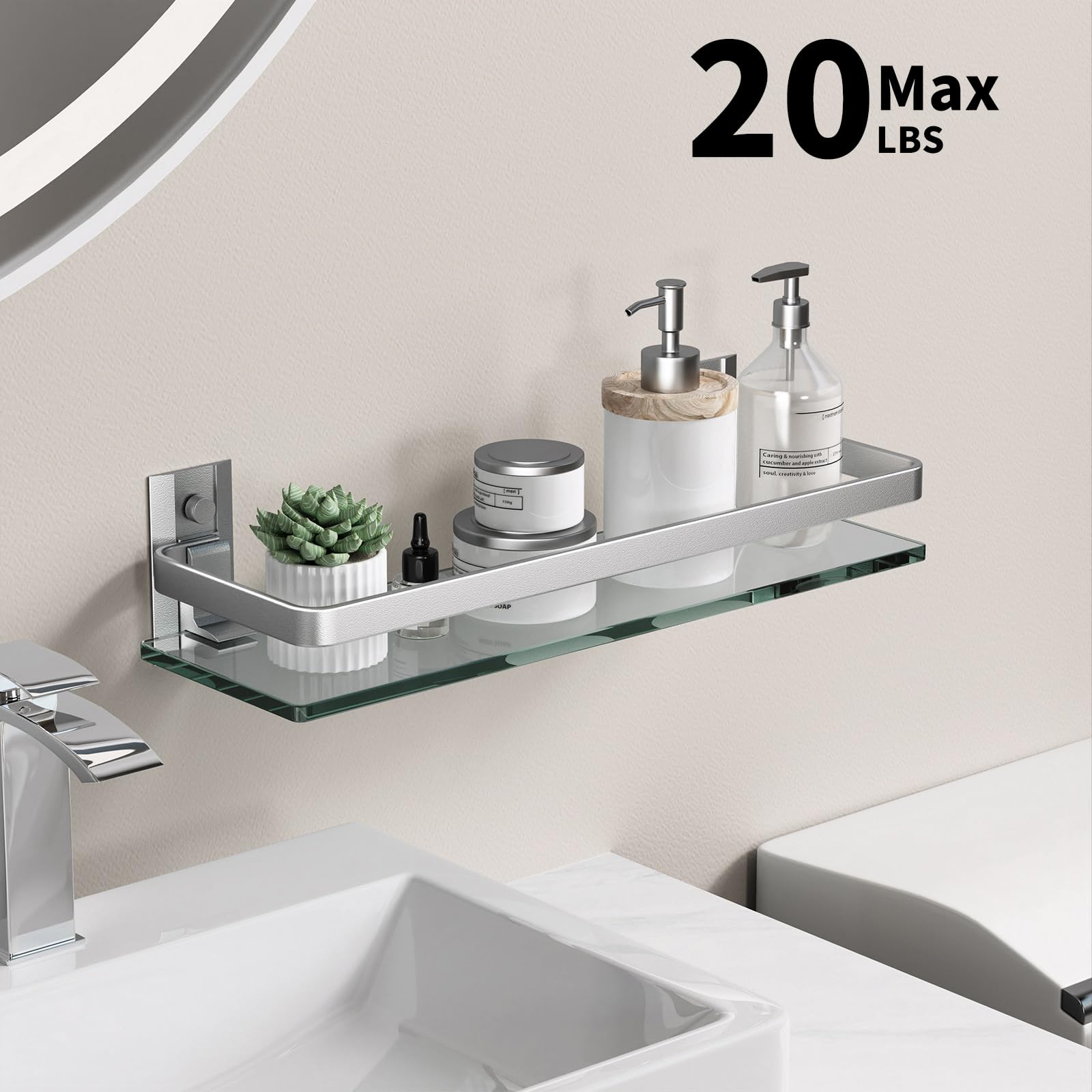 Danpoo Clear Tempered Glass Wall Shelf, Wall-Mounted Organizer for Bathroom, Kitchen(Matte Silver)