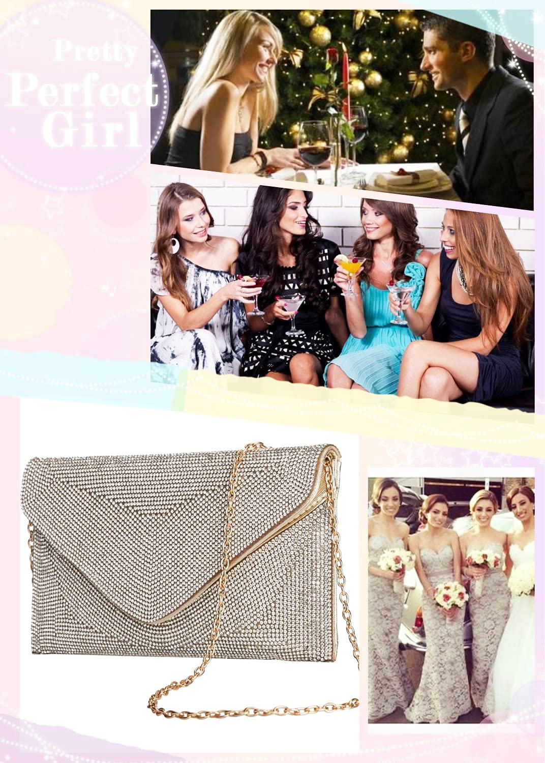 KamostarX Evening Bag for Women,evening purses and clutches gold clutch purse evening handbags Crossbody Shoulder Wedding Bride Purse