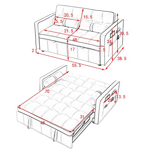 HomSof Modern 55.5" Pull Out Sleep Bed 2 Seater Loveseats Sofa Couch with Side Pockets Adjsutable Backrest and Lumbar Pillows for Apartment Office Living Room, Style E, Grey