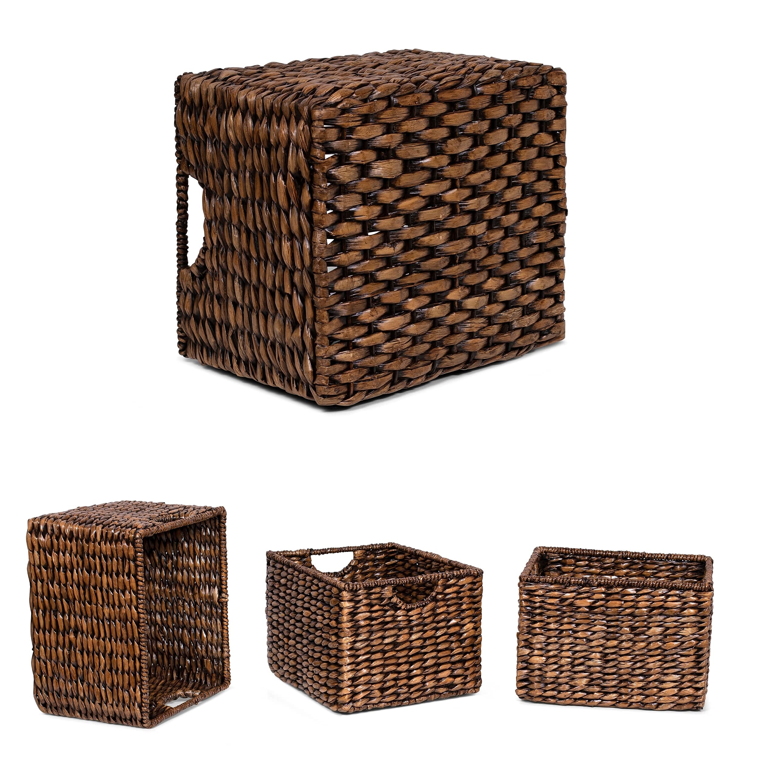 BIRDROCK HOME Storage Shelf Organizer Baskets with Handles - Set of 3 - Seagrass Wicker Basket - Pantry Living Room Office-Bathroom Shelves Organization - Under Shelf Basket - Handwoven (Natural)