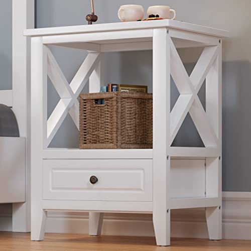 Catrimown White Nightstands Set of 2 End Table with Drawer and Storage Shelf, End Table Set of 2 White Nightstand Bedside Table with X-Shape Sides Nightstand End Table for Bedroom Living Room, White