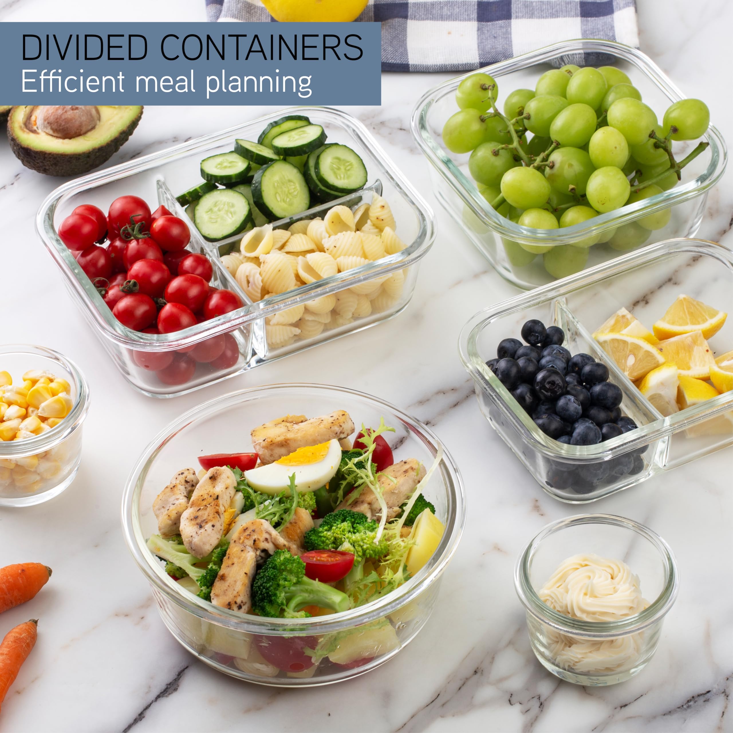 COOK WITH COLOR Premium 32-Pc. Borosilicate Glass Food Container Set with Dividers - 4 Rectangles, 8 Rounds, 4 Squares - Leakproof Lids - Meal Prep, Storage, Green