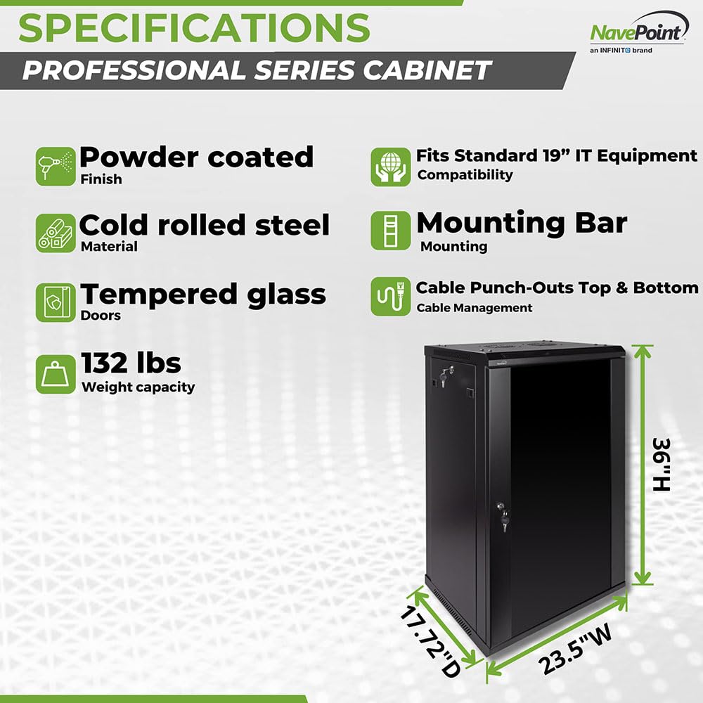 NavePoint 18U Server Rack Enclosure - 17.7β Deep, 18U Wall Mount Network Cabinet with Locking Glass Door for 19β IT Equipment, 18U Network Rack with 2 Fans, Removable Side Panels, Black