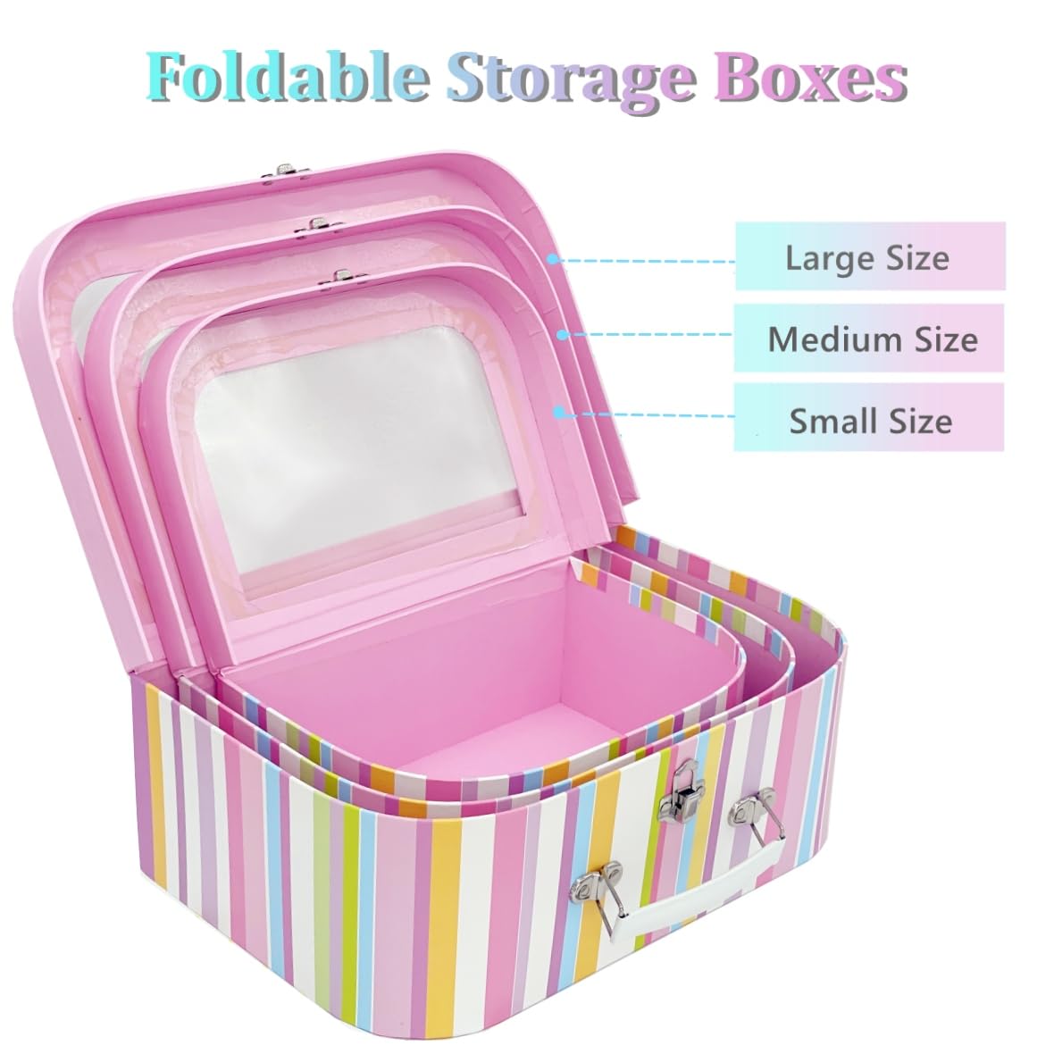 Amedoo Paperboard Suitcases Set of 3 Decorative Storage Boxes, Nesting Gift Boxes with Clear Lids, Mini Suitcases, Cute Boxes be Compatible with Barbie Doll Clothes Toys New Year Decor(Rainbow)