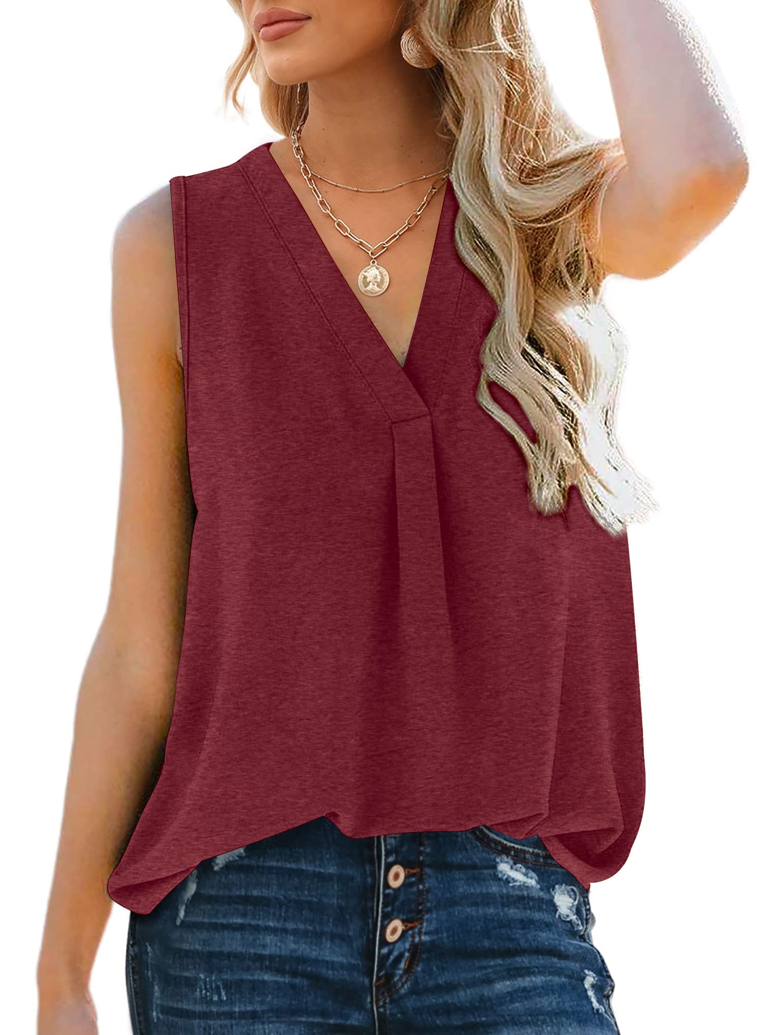 Auremore Workout Tank Tops for Women V Neck Sleeveless Blouses Casual Loose Fitting Tees Red