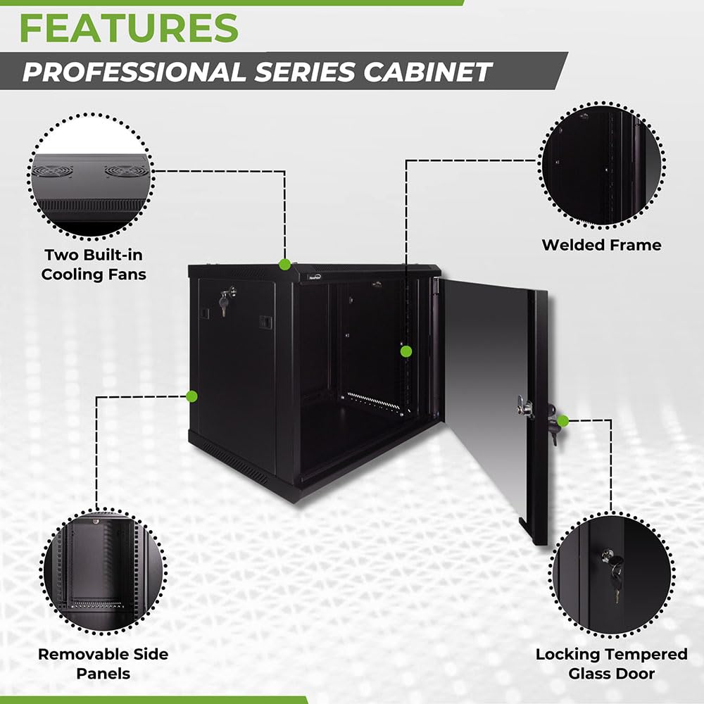 NavePoint 9U Server Rack Enclosure - 17.7β Deep, 9U Wall Mount Network Cabinet with Locking Glass Door for 19β IT Equipment, 9U Network Rack with 2 Fans, Removable Side Panels, Black