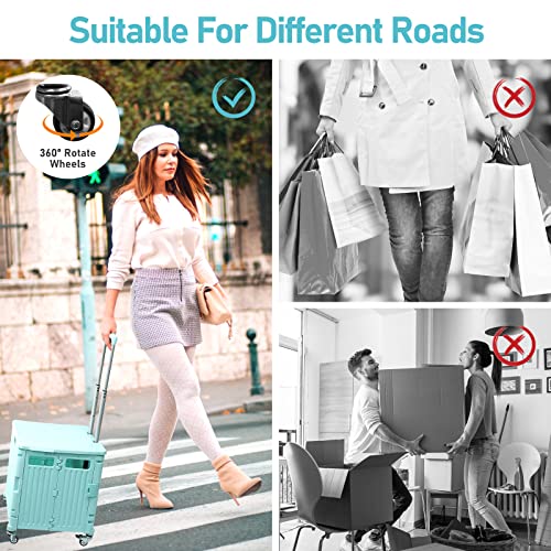 Foldable Utility Cart,Heavy Duty 4 Wheels Rolling Carts,Collapsible Crate Shopping Cart with Wheels Rolling Tote Basket Teacher Cart with Lid,Travel Shopping Moving Storage Office Use(Green)