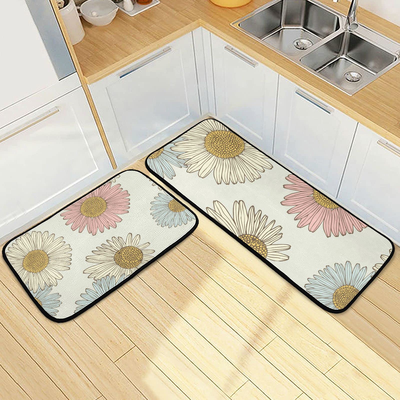 BOENLE Blooming Daisy Kitchen Rugs and Mats Non Skid Washable Kitchen Rug Set 2 Piece Carpet Ergonomic Comfort Standing Mat for Kitchen,Bathroom, Laundry
