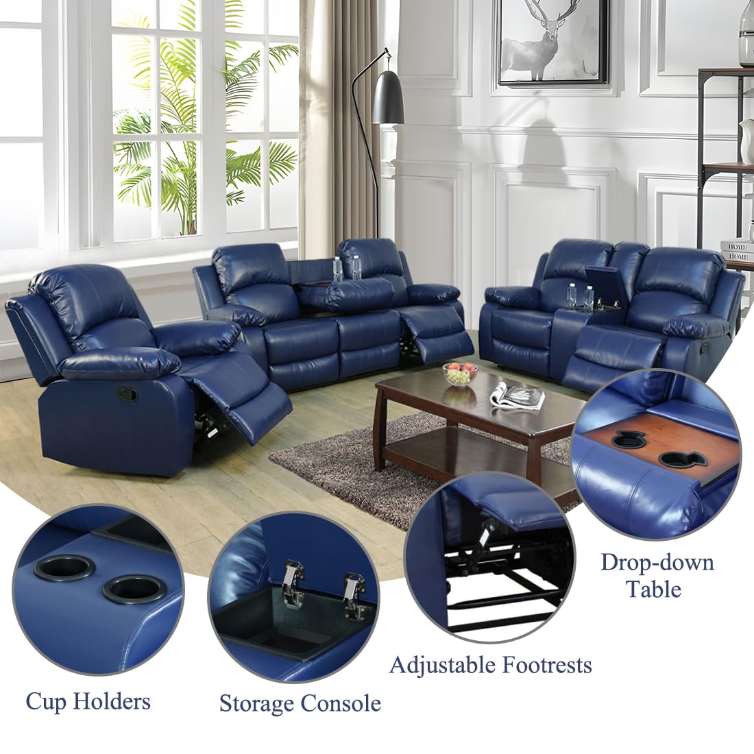 Dekmxas 2 Seater Recliner Loveseat, Bonded Leather Couch Living Room Furniture, Manual Reclining Loveseat Couch with Cup Holders and Storage Console for Home/Rv Car(Bonded Leather Blue, Loveseat)