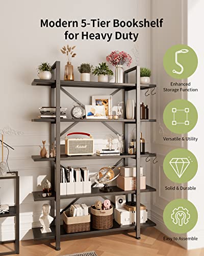 Gizoon 5 Tier Bookshelves for Storage, Industrial Tall Wood Bookshelf with 4 Hooks, Metal Frame Display Shelves for Bedroom, Living Room, Kitchen, Black