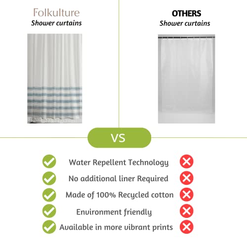 Folkulture Boho Shower Curtain Blue, 72 inch Shower Curtains for Bathroom with Tassels for Bathroom Décor, Water Repellent, Recycled Cotton, (Dusty Blue)