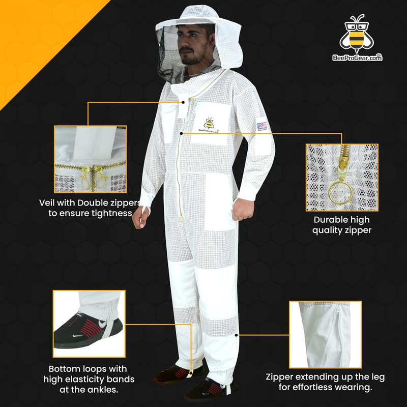 BeeProGear Ultra Ventilated Suit Round Veil White | Bee Keeping Suit with Round Veil Hat| Unisex Polycotton Beekeeper Suit | 3 Layer Protective Suit (Small)