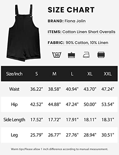 Fiona Jolin Women's Summer Cotton Linen Short Overalls Casual Bib Overall Shorts Rompers with Pockets (Black-Large)