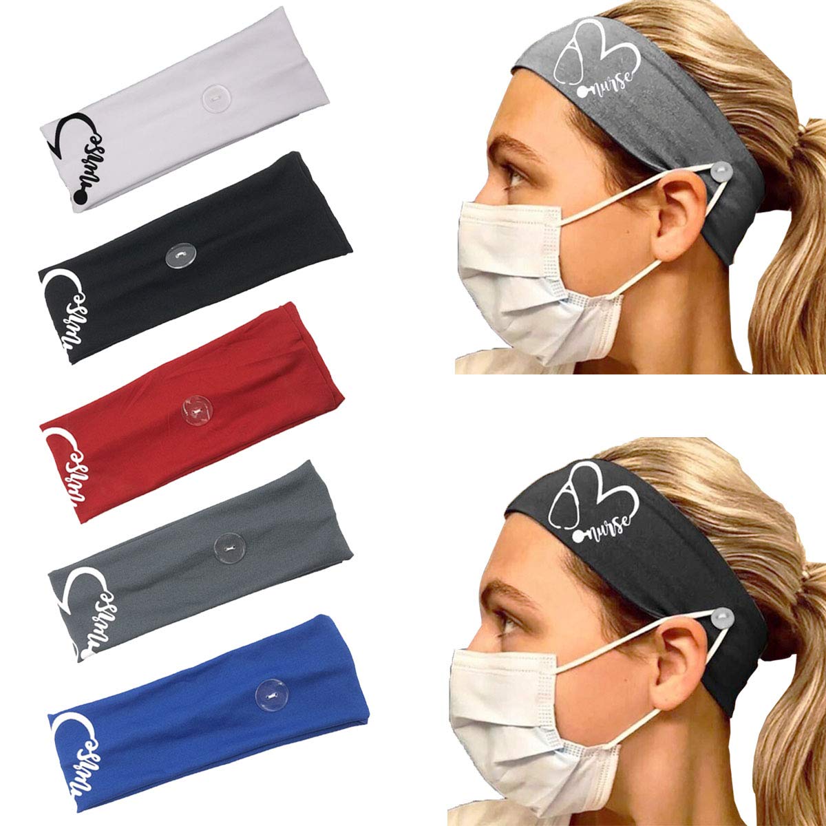 Asufegucd Headbands for Women with Buttons for Face Mask Ear Saver Headband for Nurses Elastic No Slip Hair Bands Workout (ASDJY0114)