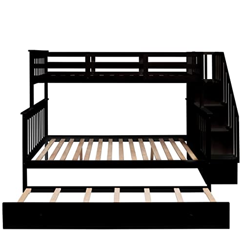 FIQHOME Stairway Twin-Over-Full Bunk Bed with Twin Size Trundle,Bunk Bed Frame Convertible into 2 Beds Storage and Guard Rail for Bedroom, Dorm, for Adults,Espresso