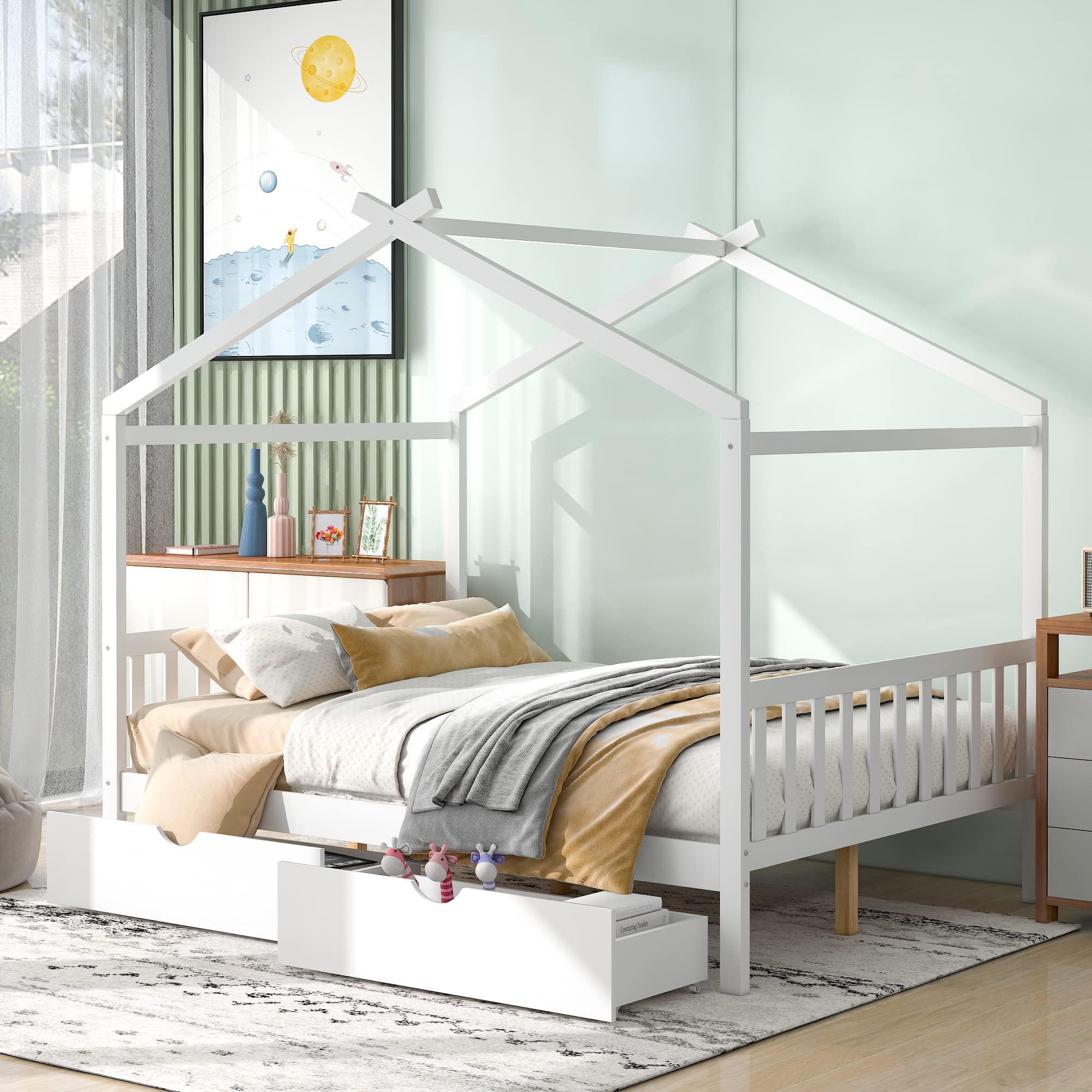 Full House Bed for Kids, Wooden Full Size Platform Bed Frame with 2 Storage Drawers, Headboard and Footboard, Montessori Bed, Full Storage Bed for Kids, Girls & Boys, No Box Spring Needed,White