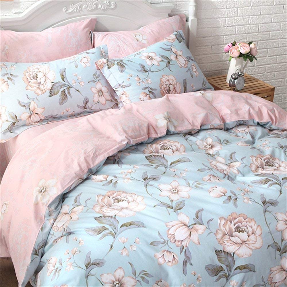 FADFAY Floral Duvet Cover Set 100% Combed Cotton Bedding Sets Reversible Zipper Bedding Chic Floral Bed Sheets (4-Piece, Full Size, 1 Duvet Cover, 1 Flat Sheet, 2 Pillowcases)