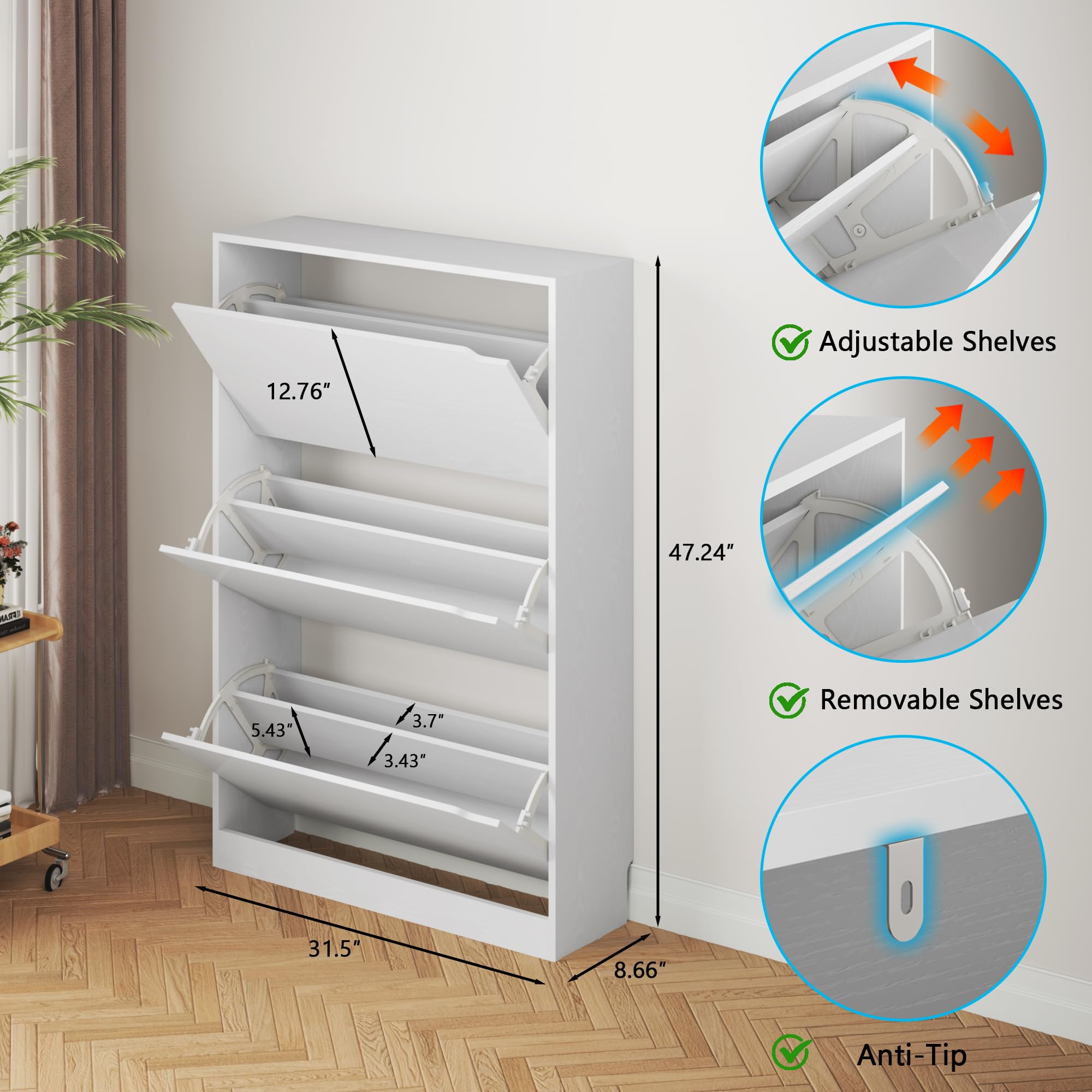 BORNOON Shoe Cabinet with 3 Flip Drawers, Hidden Wood Shoe Cabinet,Freestanding Shoe Storage Cabinet for Entryway Hallway.White. 47.2" H*31.5" W*9.25" D.